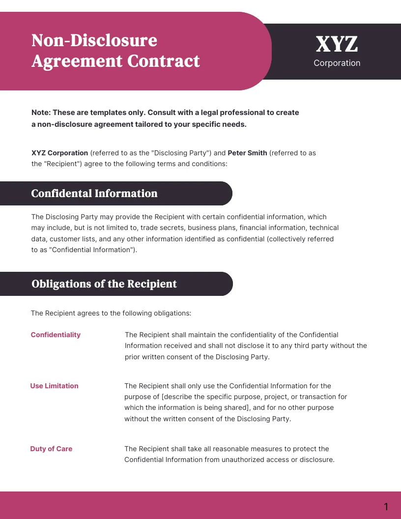Non-Disclosure Agreement (NDA) Contract Template - Venngage
