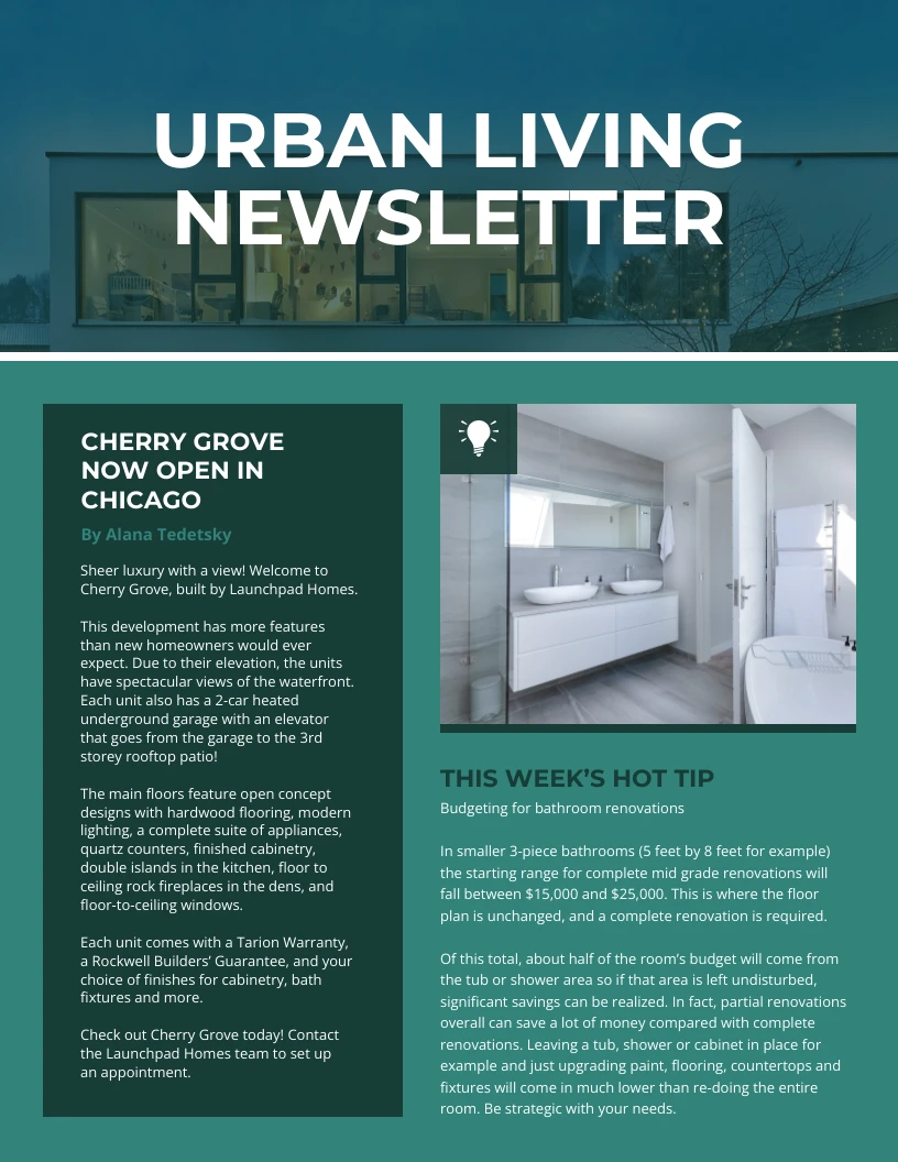 Dark Green Modern Real Estate Newsletter Template - Venngage