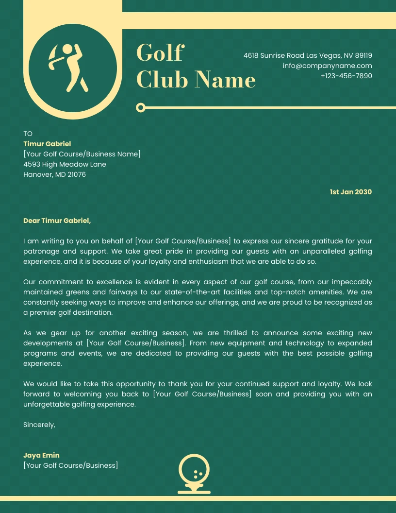 Green And Yellow Classic Business Golf Club Letterhead - Venngage