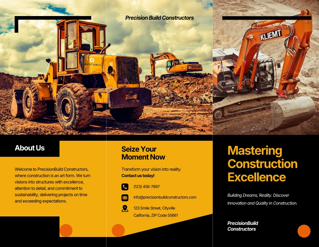 Black Yellow Orange Construction Brochure Template - Venngage