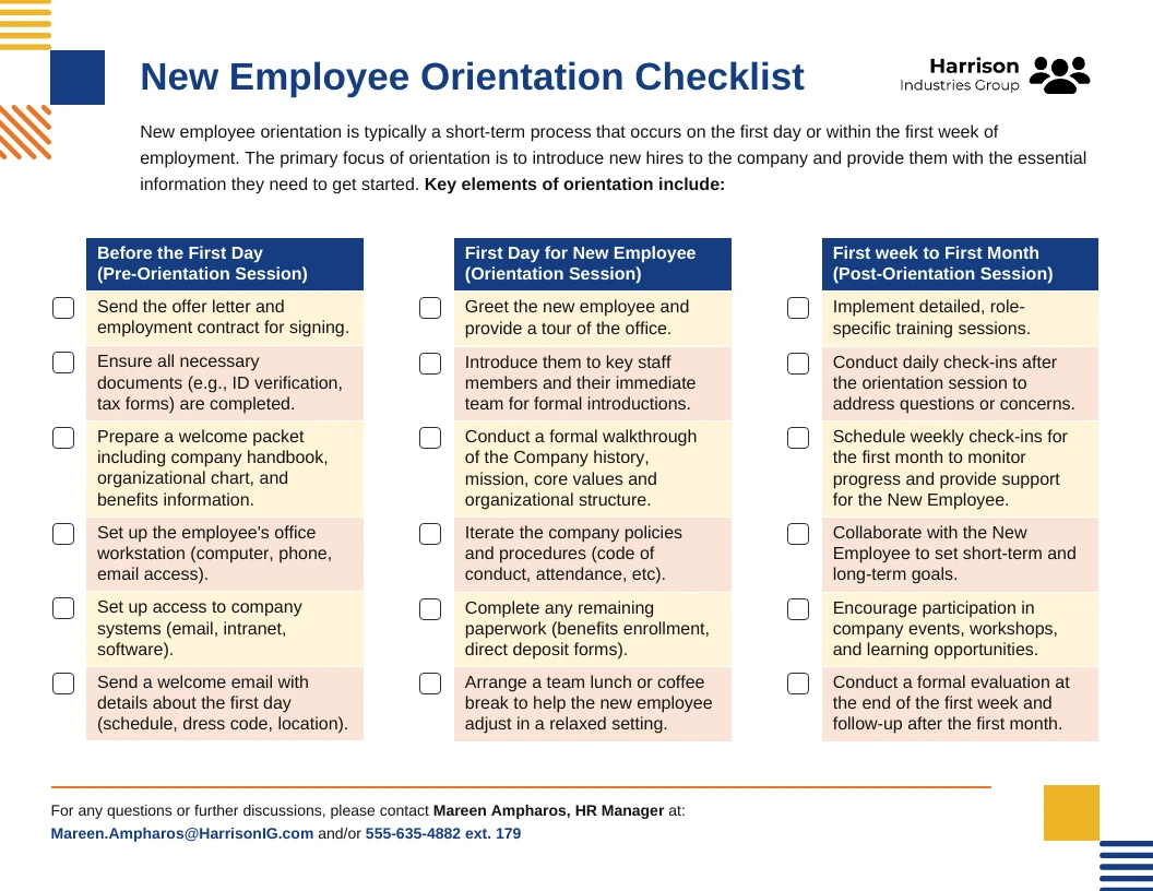 New Employee Orientation Key Elements Checklist Template - Venngage