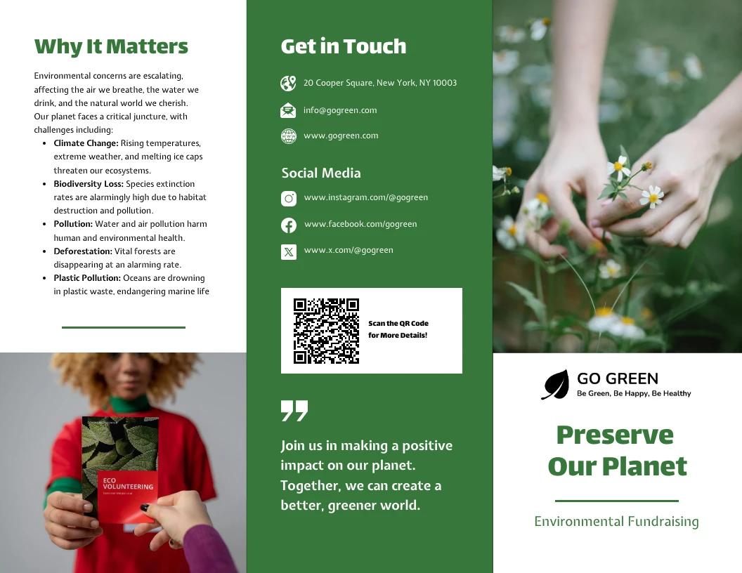 Green White Minimalist Environmental Fundraising Tri-fold Brochure ...