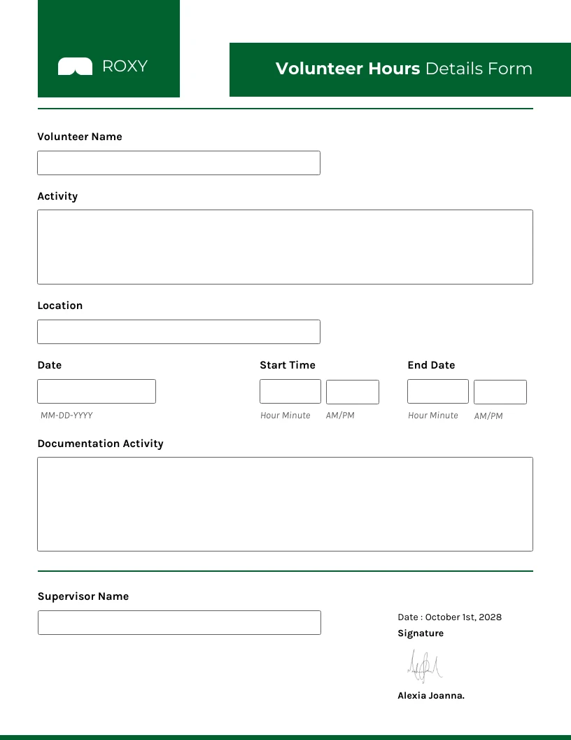 Printable Volunteer Hours Community Service Form Template - Venngage