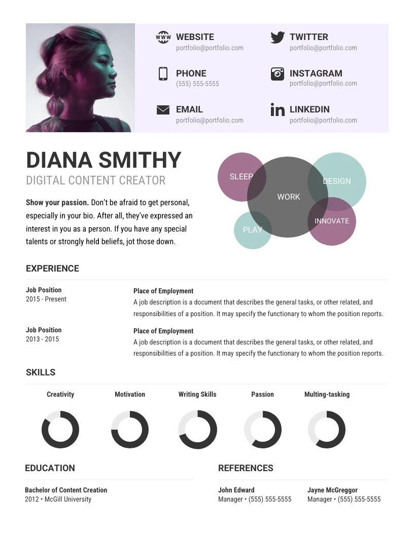 Purple Content Creator Infographic Resume Template - Venngage