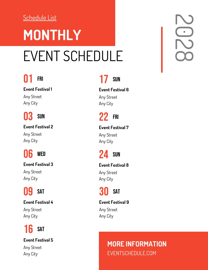Festival Event List Schedule Template Venngage