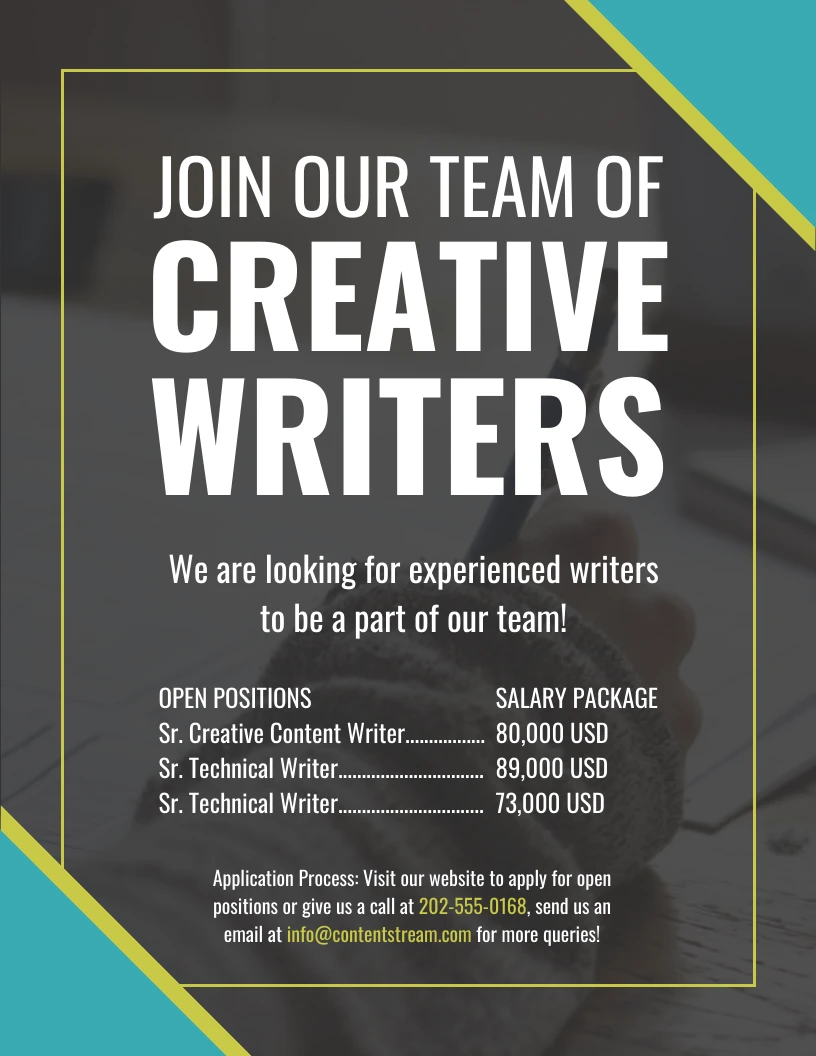 Creative Writer Hiring Flyer Template - Venngage