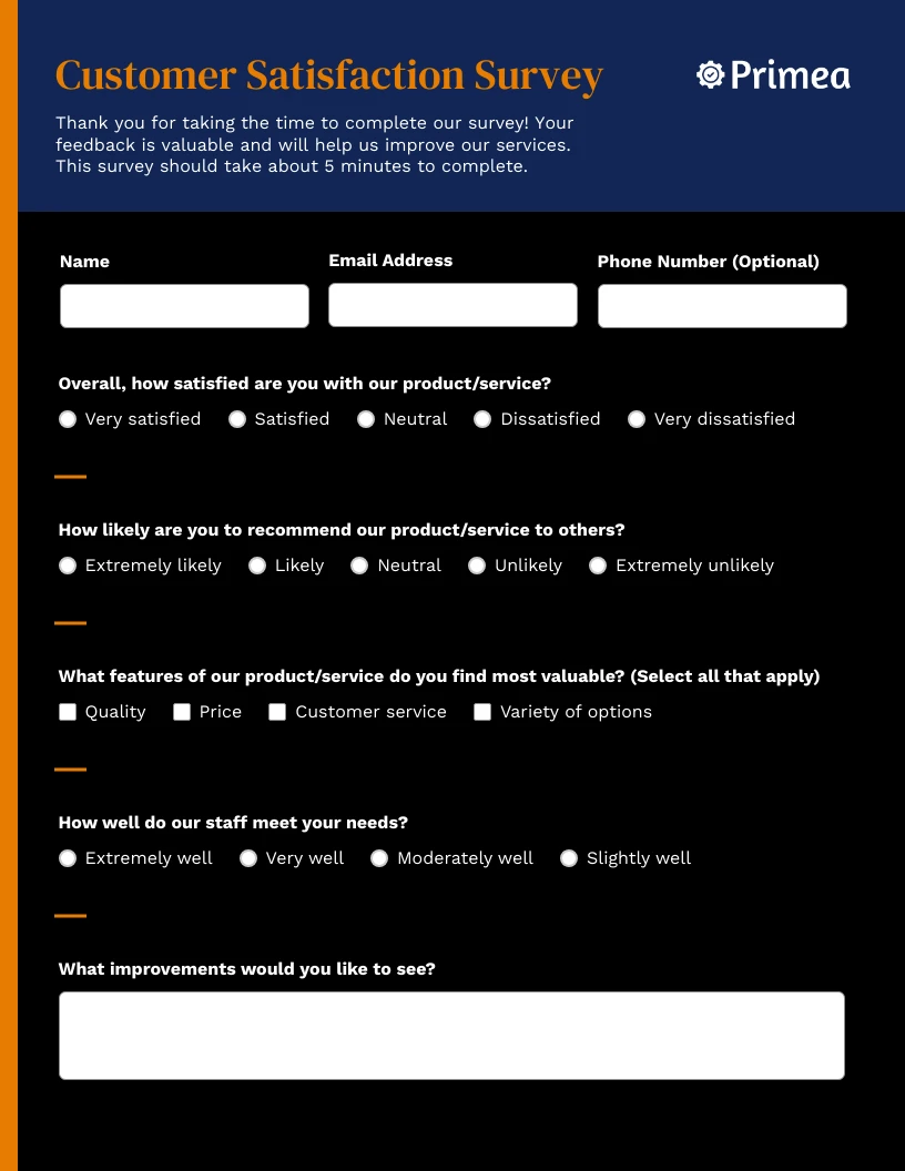 Dark Blue and Orange Customer Survey Form - Venngage