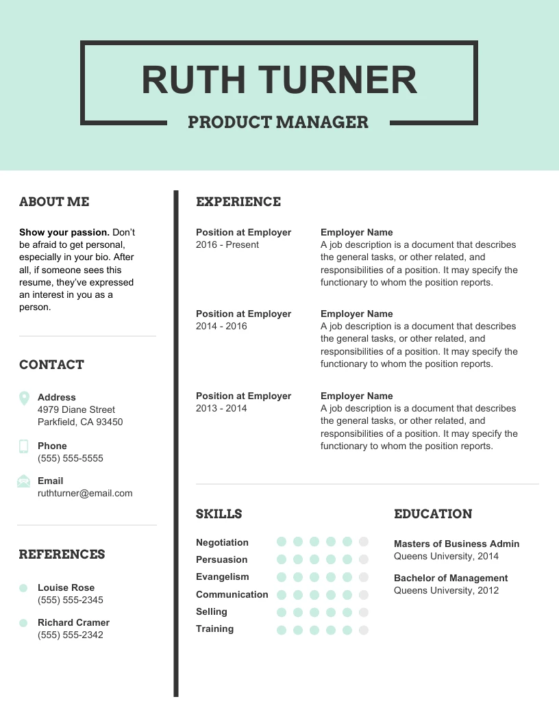 Modern Seafoam Product Manager Resume Template - Venngage