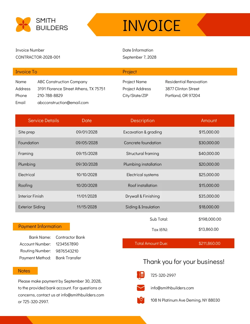 Yellow Red Construction Invoice Template - Venngage