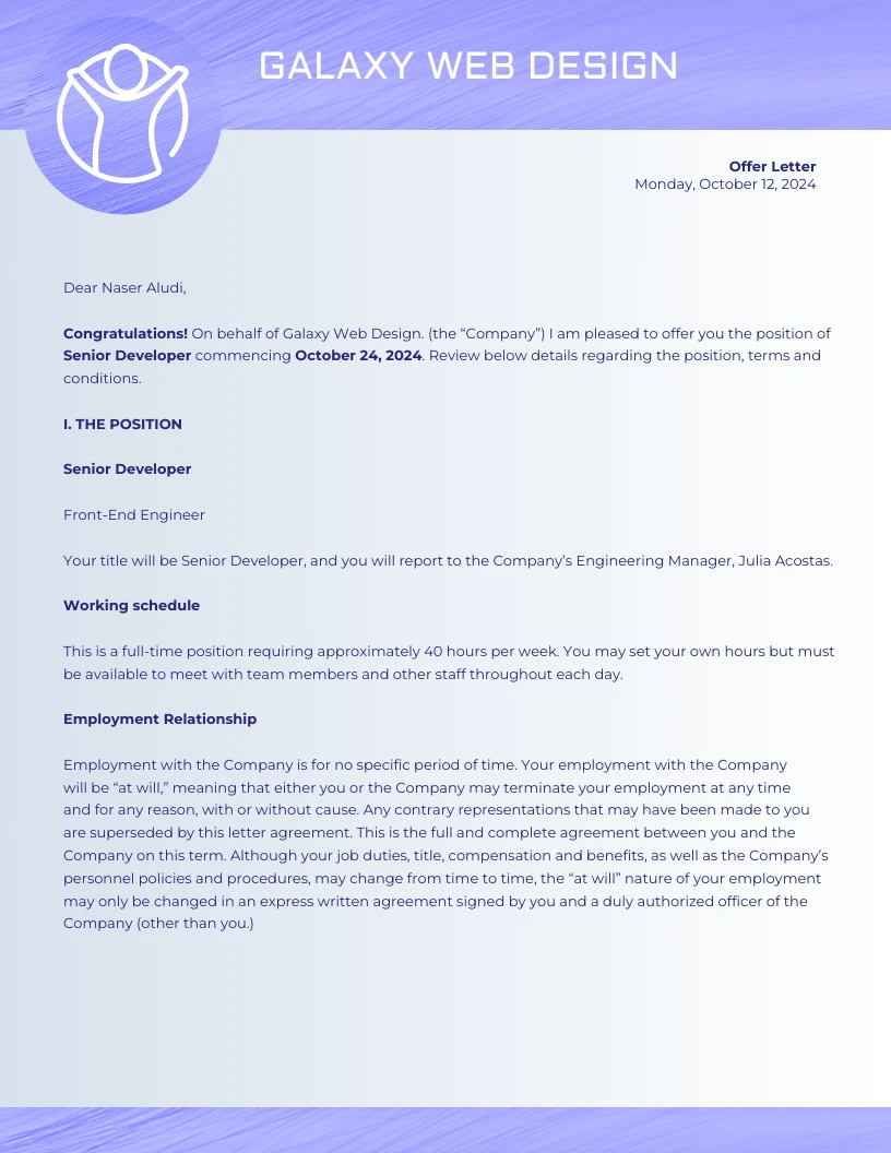 Web Developer Job Offer Letter Template - Venngage