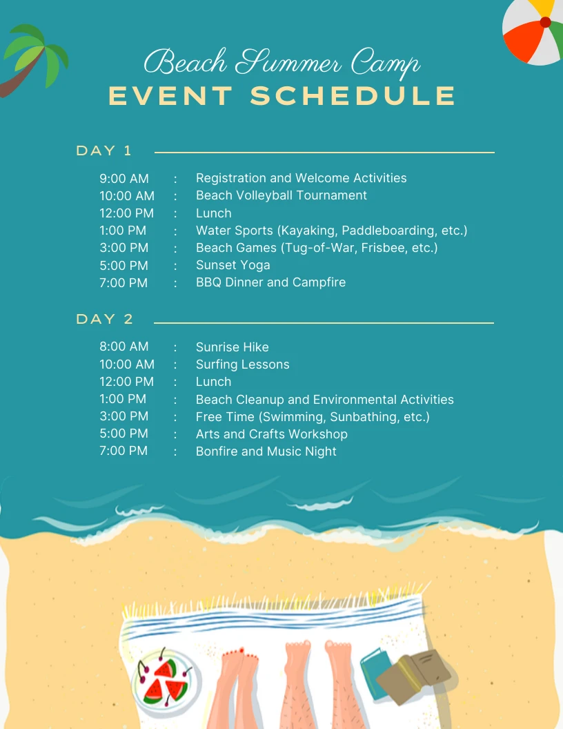 Green Blue Beach Summer Camp Schedule Template - Venngage