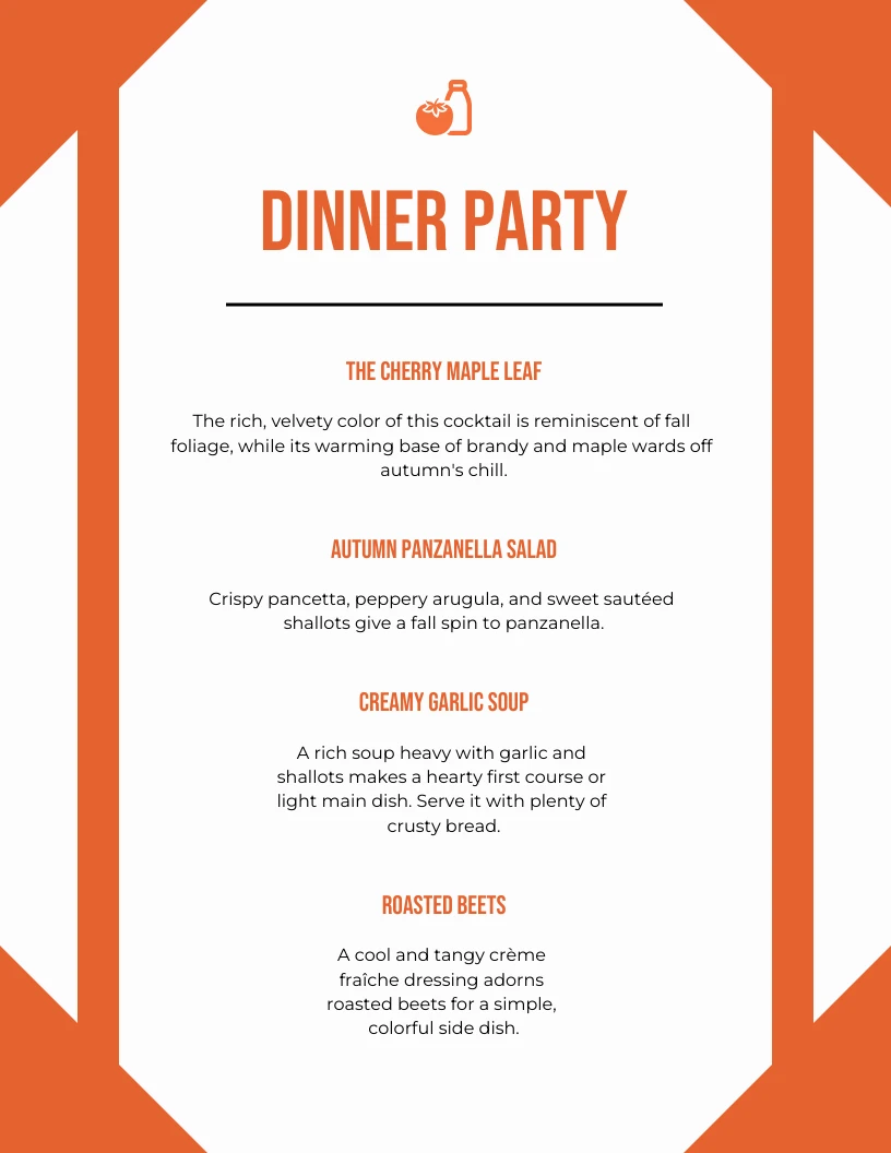White And Orange Minimalist Dinner Party Menu - Venngage
