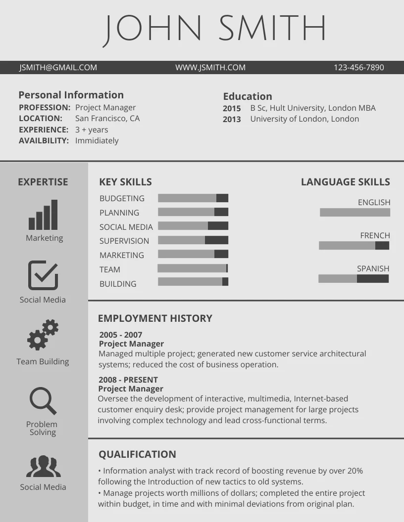Grey Timeless Resume Template - Venngage