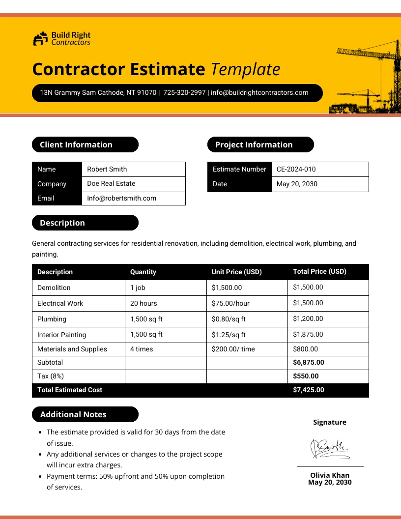 Contractor Estimate Template - Venngage