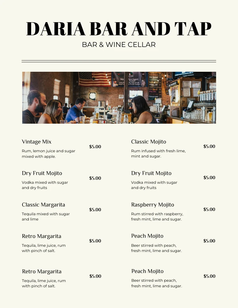 Light Yellow Minimalist Bar Menu - Venngage