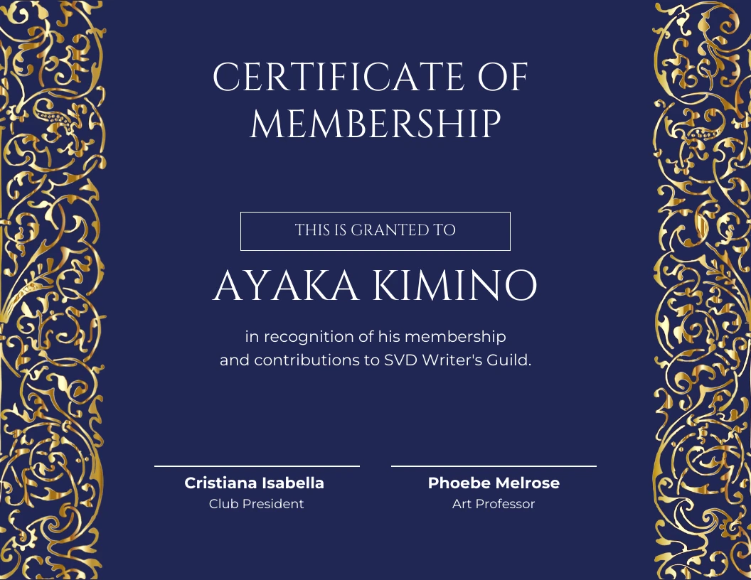Navy Gold Vintage Writer Certificate of Membership Template - Venngage