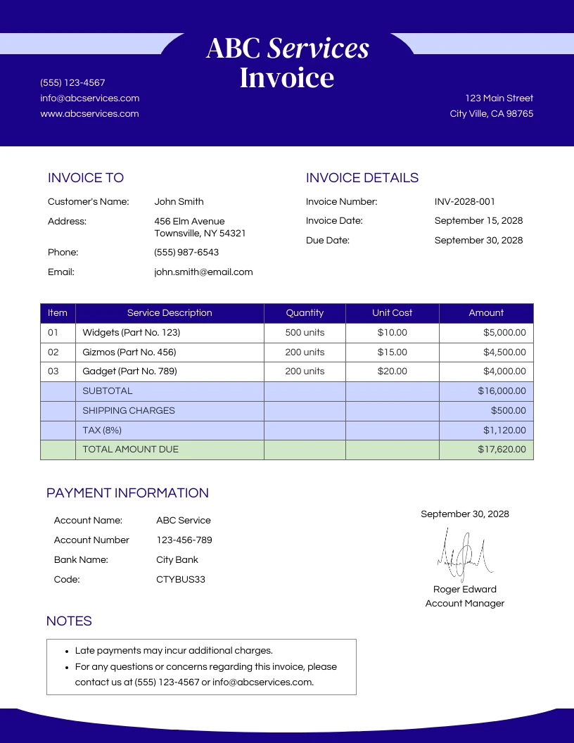 Royal Blue Service Invoice Template - Venngage