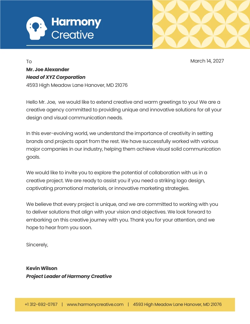 Simple Blue And Yellow Pattern Creative Letterhead - Venngage