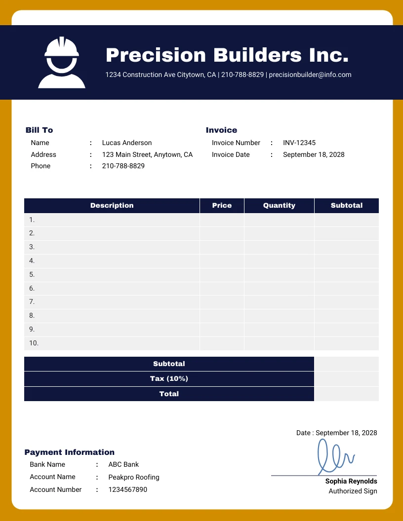 Navy Blue Yellow Contractor Invoice Template - Venngage