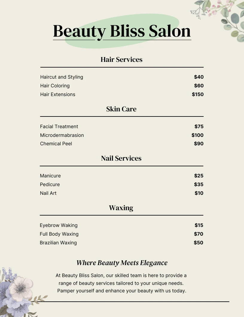Simple Cream Beauty Salon Price List Template - Venngage
