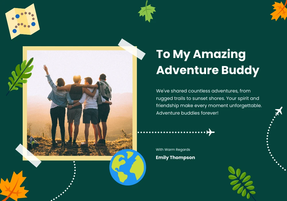 Dark Green Illustrative Adventure Buddy Greeting Card - Venngage