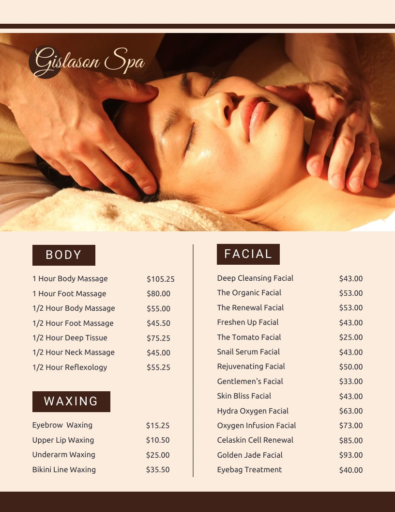 Cream Minimalist Spa Menu Venngage