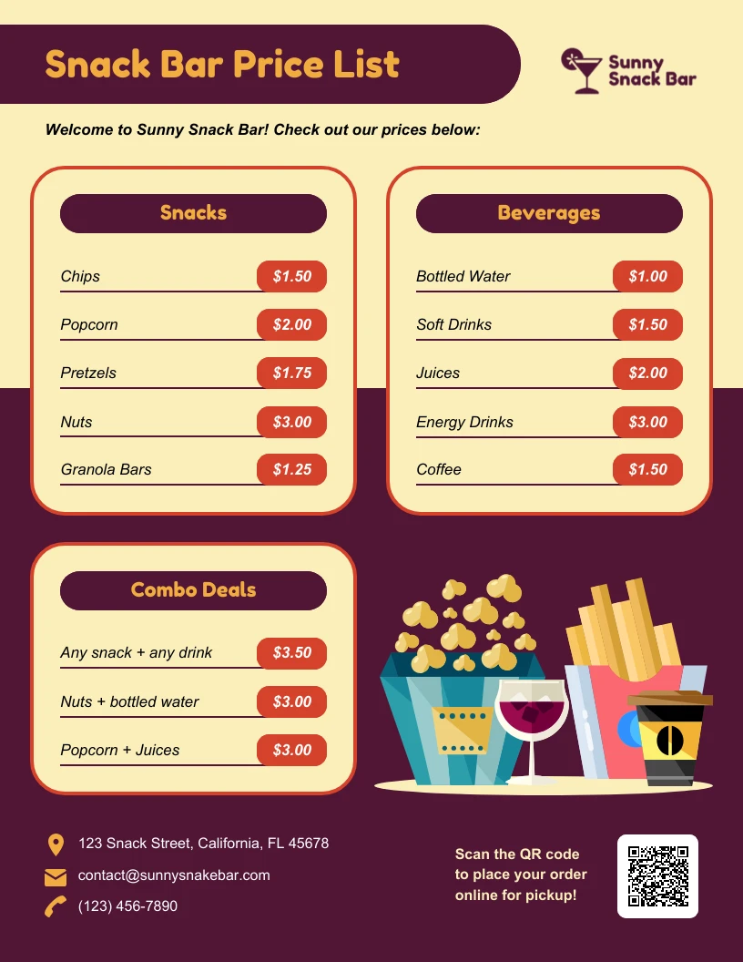 Snack Bar Price List Template - Venngage