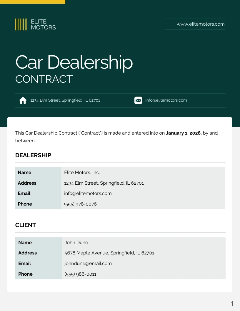 Modèle de contrat de concessionnaire automobile - Venngage
