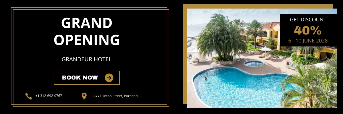 Gold Black Luxury Grand Opening Hotel Banner - Venngage