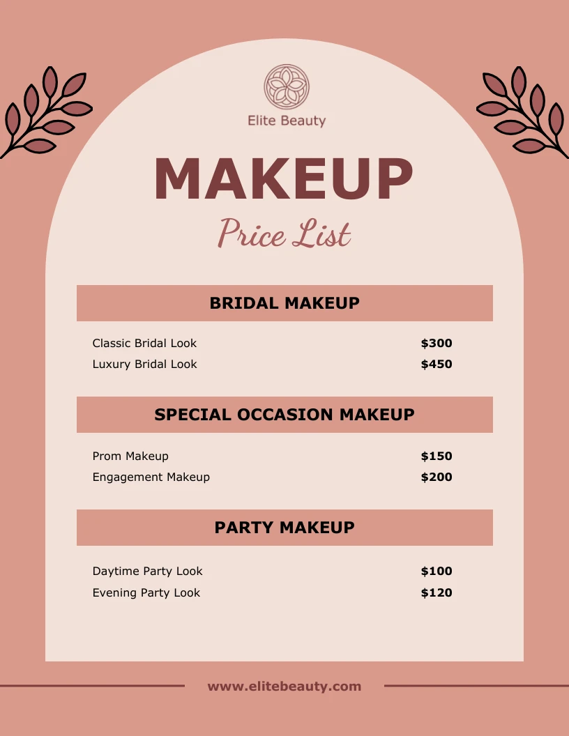 Makeup Price List Template - Venngage