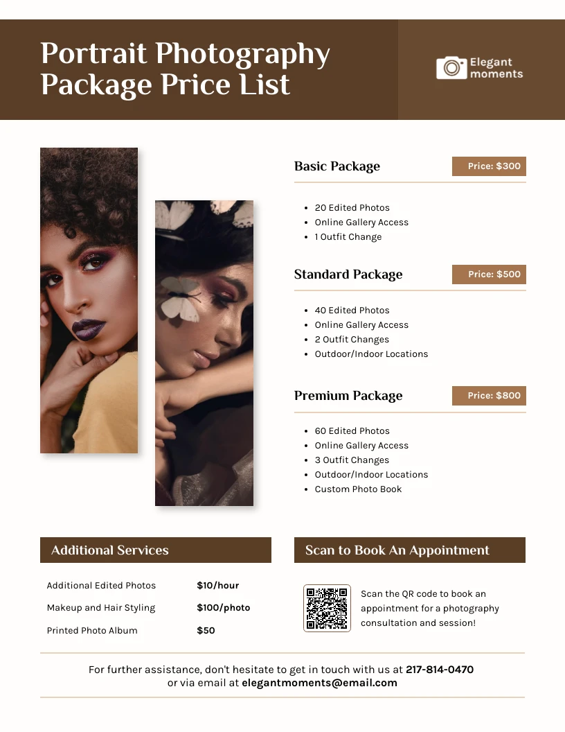 Portrait Photography Price List Template - Venngage