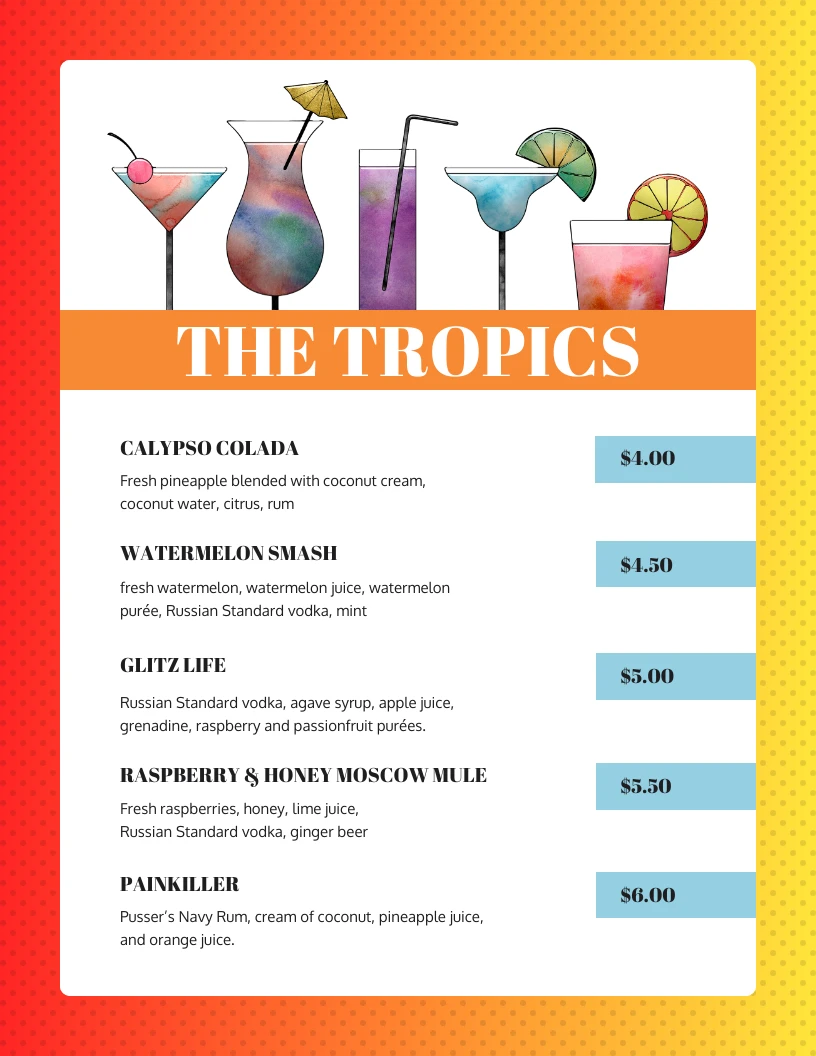 Tropical Gradient Cocktail Menu - Venngage