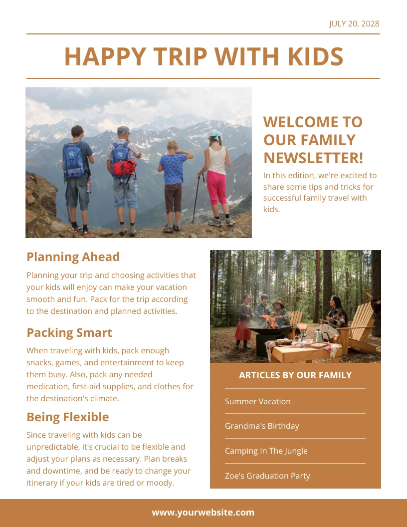 Brown Family Trip With Kids Newsletter Template - Venngage
