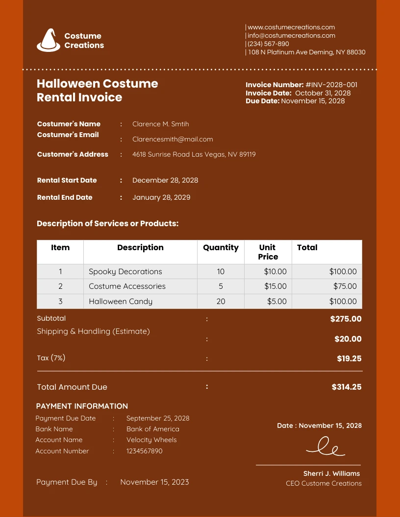 Pueblo Costume Rental Invoice Template - Venngage