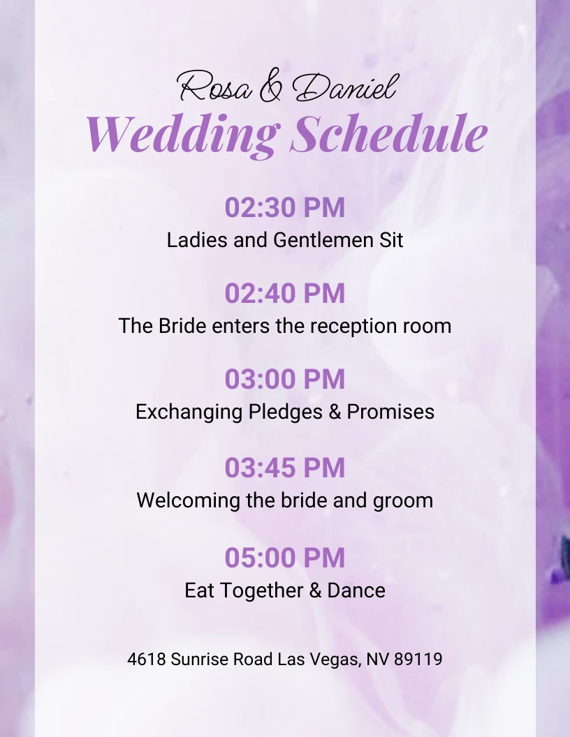 Purple Modern Texture Wedding Schedule Template - Venngage