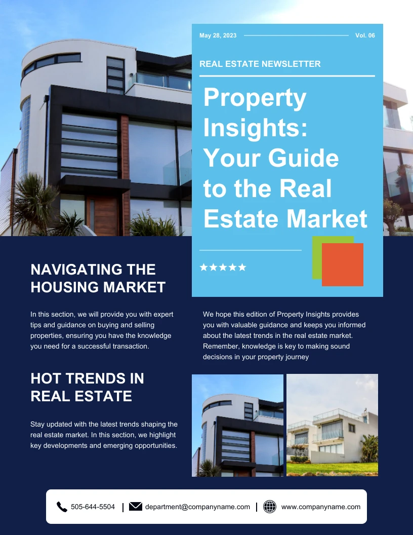 Blue Modern Property Insights Newsletter Template - Venngage