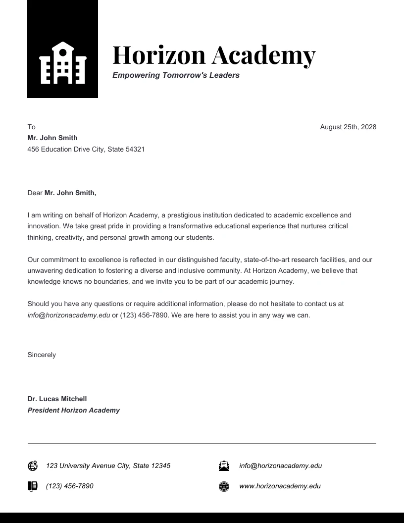 Minimalist Modern Black White University Letterhead - Venngage