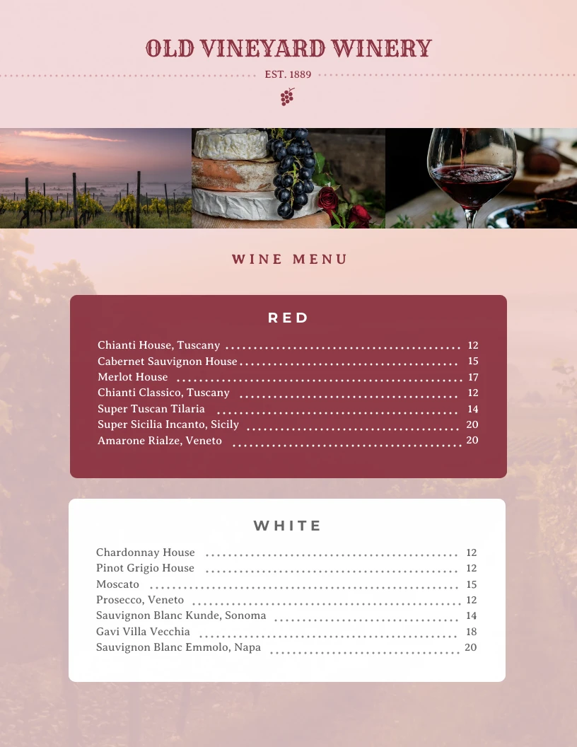 Vintage Winery Menu - Venngage