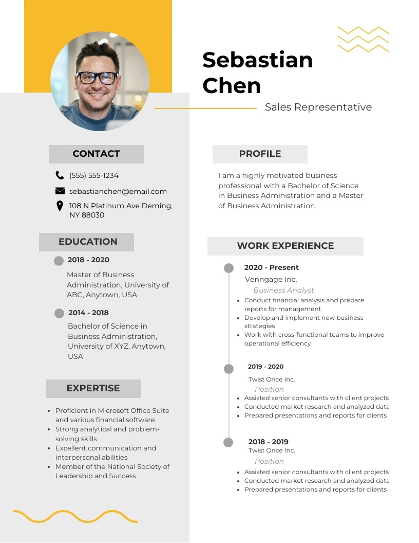 Grey Yellow Modern Sales Executive Resume Template - Venngage