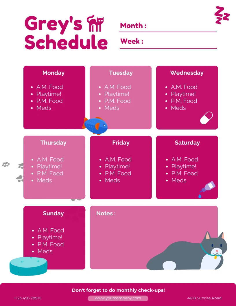Magenta Weekly Cat Schedule Template - Venngage