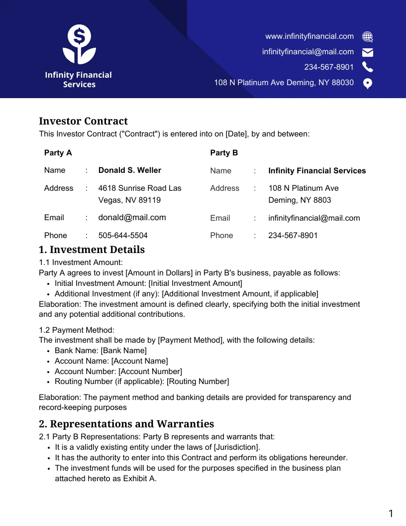 Navy Blue Investor Contract Template - Venngage