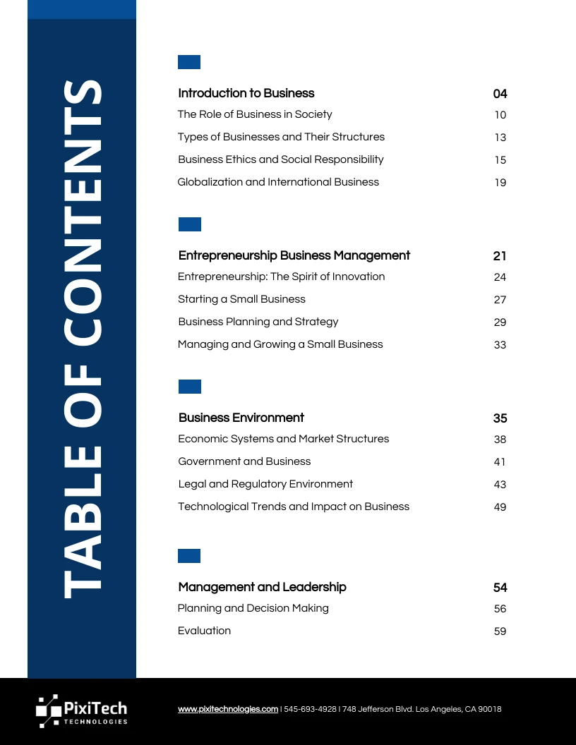 Blue Business Management Book Table of Contents Template - Venngage