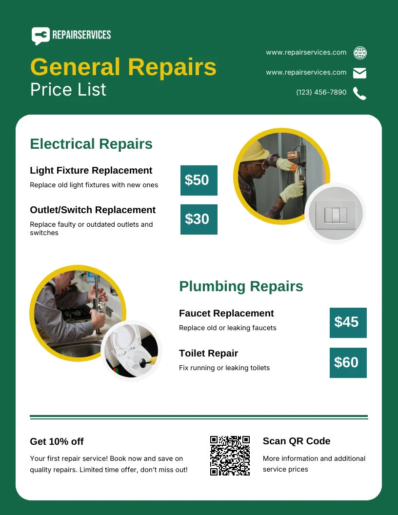 General Repairs Price List Template - Venngage