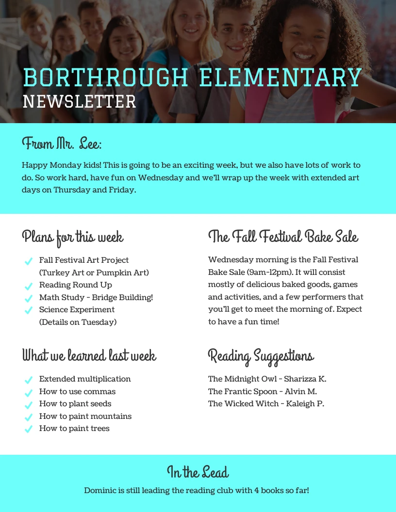 Cyan Elementary Newsletter Template - Venngage