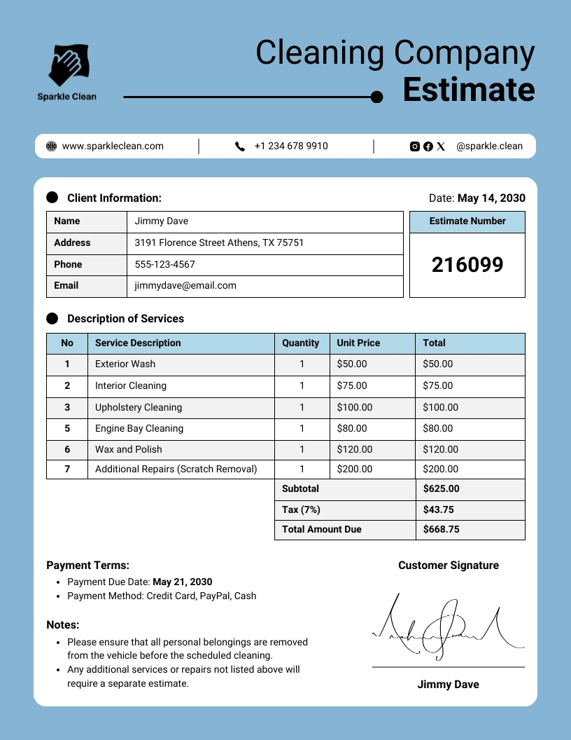 Cleaning Company Estimate Template - Venngage