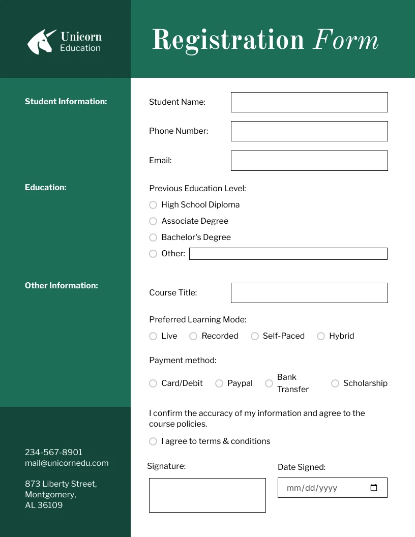 Green Monochrome Modern Education Forms - Venngage