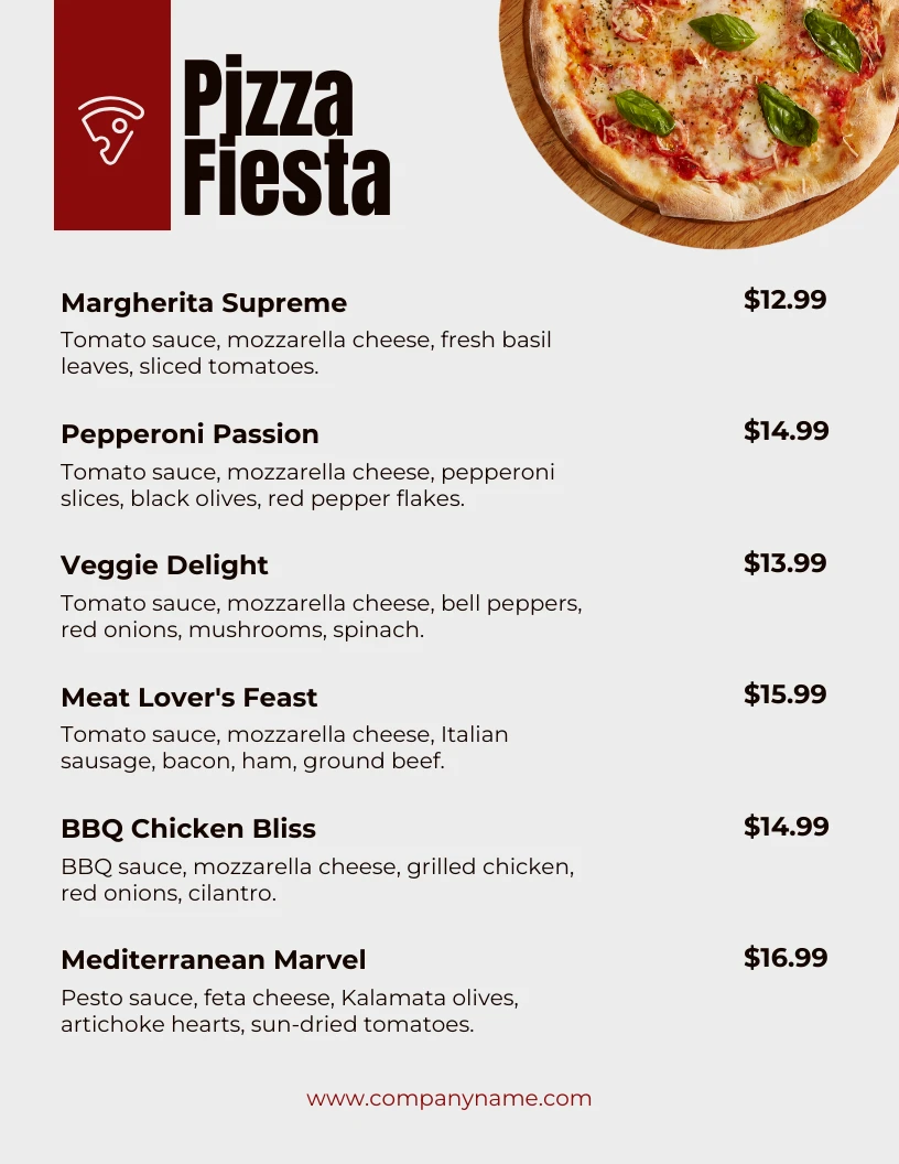 Light Grey Minimalist Pizza Menu - Venngage