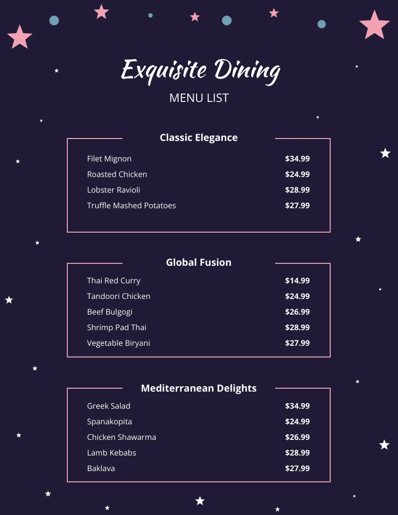 Dark Blue Midnight Illustrative Star Diner Menu - Venngage