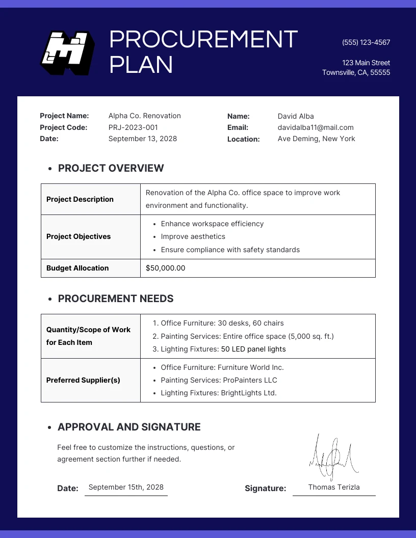 Modern Blue White Procurement Plan Template - Venngage