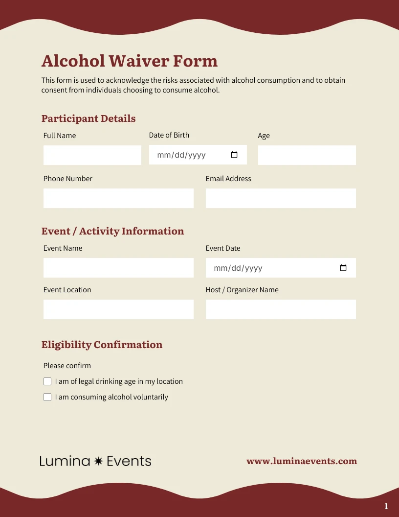 Plantilla de formulario de renuncia de alcohol. - Venngage